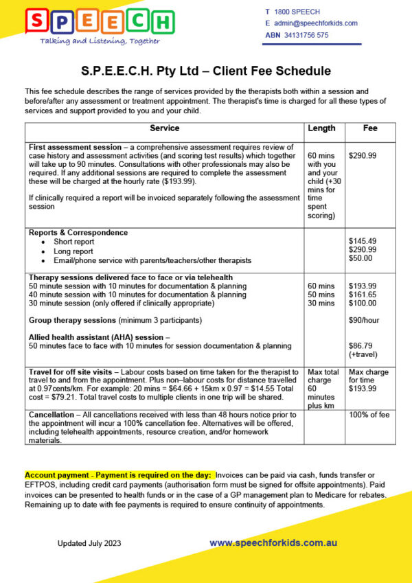 Fee Schedule | Speech For Kids
