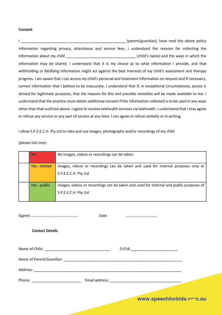 Agreement and Consent Form | Speech For Kids