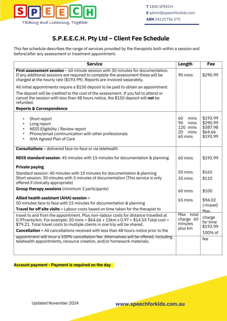 Fee Schedule | Speech For Kids