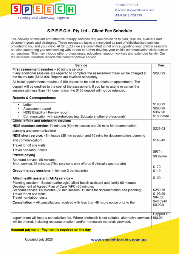 Fee Schedule | Speech For Kids