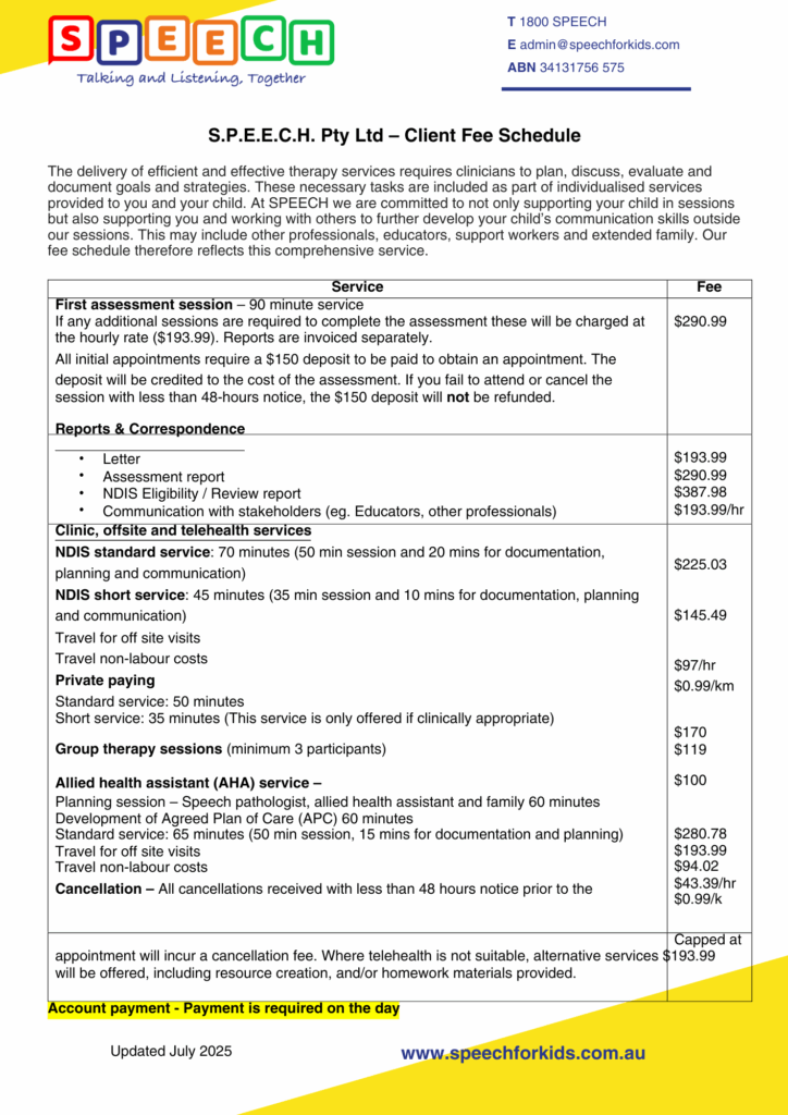 Fee Schedule | Speech For Kids